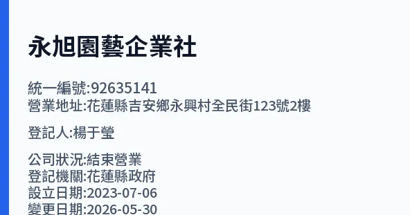 永旭園藝企業社的照片-統編 92635141(花蓮縣) 公司登記資料與營業項目詳細圖表