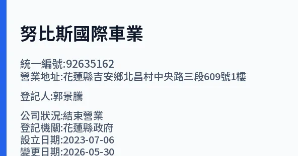 努比斯國際車業的照片-統編 92635162(花蓮縣) 公司登記資料與營業項目詳細圖表