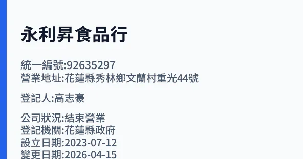 永利昇食品行的照片-統編 92635297(花蓮縣) 公司登記資料與營業項目詳細圖表