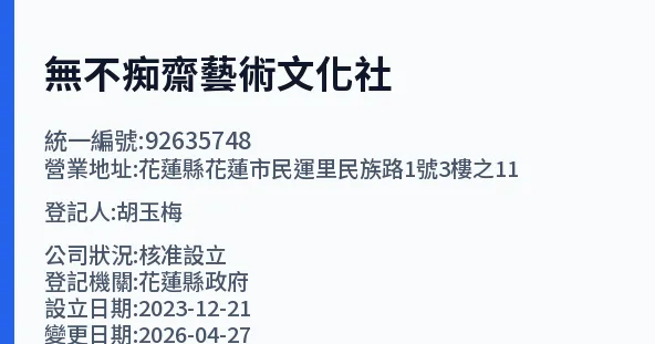 無不痴齋藝術文化社的照片-統編 92635748(花蓮縣) 公司登記資料與營業項目詳細圖表