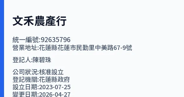 文禾農產行的照片-統編 92635796(花蓮縣) 公司登記資料與營業項目詳細圖表