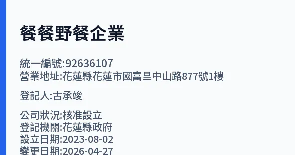 餐餐野餐企業的照片-統編 92636107(花蓮縣) 公司登記資料與營業項目詳細圖表