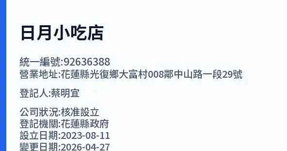 日月小吃店的照片-統編 92636388(花蓮縣) 公司登記資料與營業項目詳細圖表
