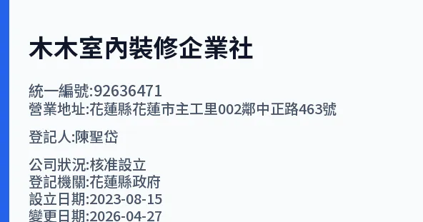 木木室內裝修企業社的照片-統編 92636471(花蓮縣) 公司登記資料與營業項目詳細圖表