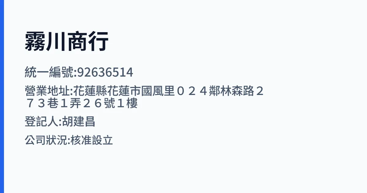 霧川商行 - 統編 92636514(花蓮縣) 公司登記資料與營業項目詳細圖表