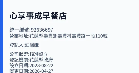 心享事成早餐店的照片-統編 92636697(花蓮縣) 公司登記資料與營業項目詳細圖表
