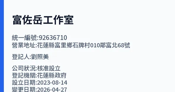 富佐岳工作室的照片-統編 92636710(花蓮縣) 公司登記資料與營業項目詳細圖表