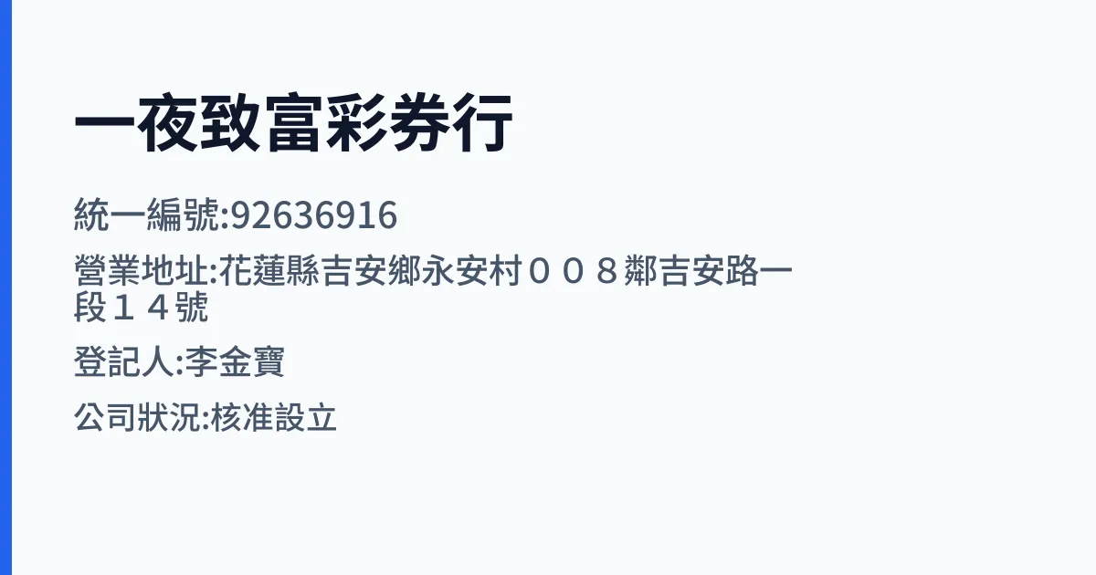 一夜致富彩券行 - 統編 92636916(花蓮縣) 公司登記資料與營業項目詳細圖表