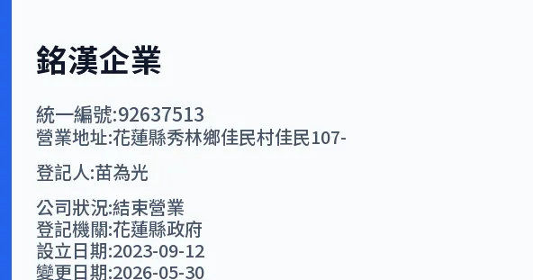 銘漢企業的照片-統編 92637513(花蓮縣) 公司登記資料與營業項目詳細圖表