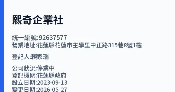 熙奇企業社的照片-統編 92637577(花蓮縣) 公司登記資料與營業項目詳細圖表