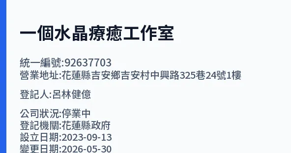 一個水晶療癒工作室的照片-統編 92637703(花蓮縣) 公司登記資料與營業項目詳細圖表