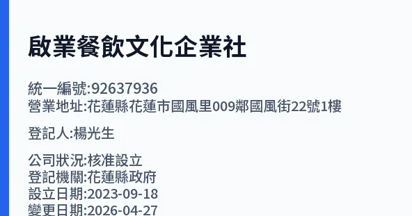 啟業餐飲文化企業社的照片-統編 92637936(花蓮縣) 公司登記資料與營業項目詳細圖表