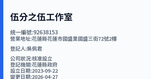 伍分之伍工作室的照片-統編 92638153(花蓮縣) 公司登記資料與營業項目詳細圖表