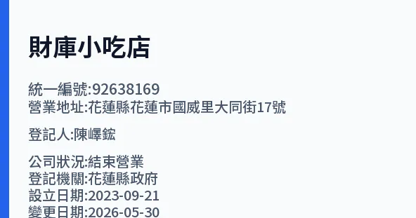 財庫小吃店的照片-統編 92638169(花蓮縣) 公司登記資料與營業項目詳細圖表
