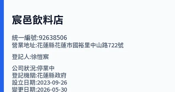 宸邑飲料店的照片-統編 92638506(花蓮縣) 公司登記資料與營業項目詳細圖表