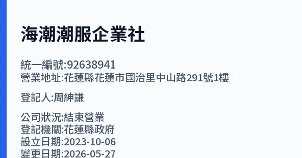 海潮潮服企業社的照片-統編 92638941(花蓮縣) 公司登記資料與營業項目詳細圖表
