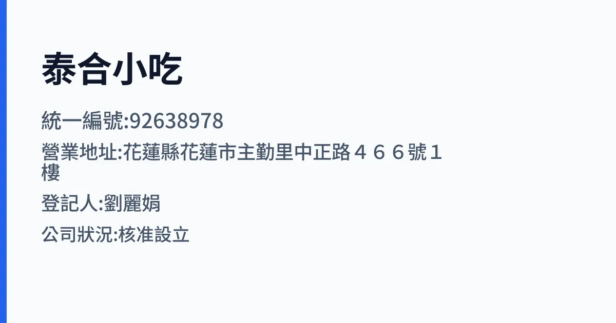 泰合小吃 - 統編 92638978(花蓮縣) 公司登記資料與營業項目詳細圖表
