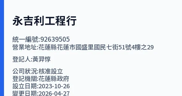 永吉利工程行的照片-統編 92639505(花蓮縣) 公司登記資料與營業項目詳細圖表