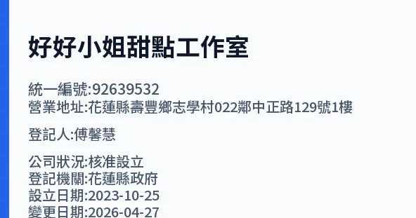 好好小姐甜點工作室的照片-統編 92639532(花蓮縣) 公司登記資料與營業項目詳細圖表