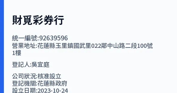 財覓彩券行的照片-統編 92639596(花蓮縣) 公司登記資料與營業項目詳細圖表