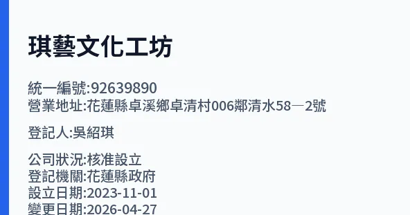 琪藝文化工坊的照片-統編 92639890(花蓮縣) 公司登記資料與營業項目詳細圖表