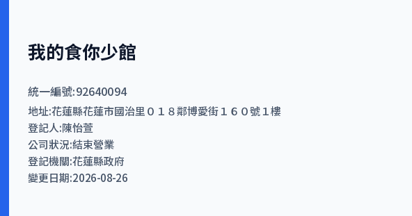 我的食你少館的照片-統編 92640094(花蓮縣) 公司登記資料與營業項目詳細圖表