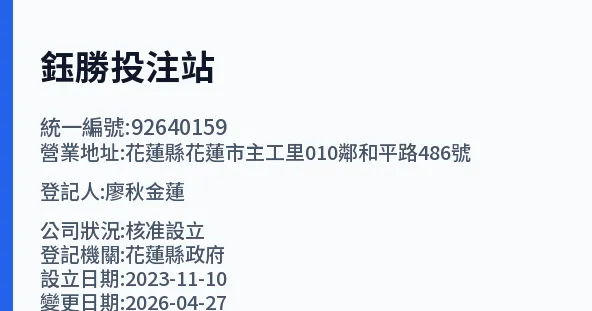 鈺勝投注站的照片-統編 92640159(花蓮縣) 公司登記資料與營業項目詳細圖表