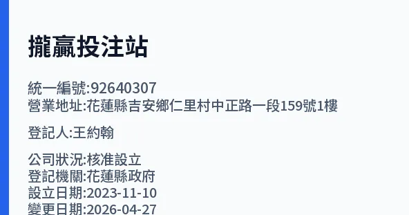 攏贏投注站的照片-統編 92640307(花蓮縣) 公司登記資料與營業項目詳細圖表