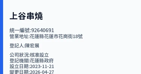 上谷串燒的照片-統編 92640691(花蓮縣) 公司登記資料與營業項目詳細圖表