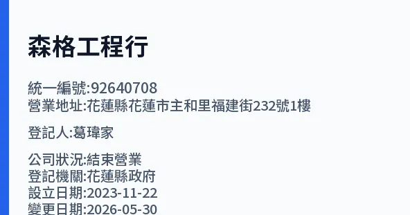 森格工程行的照片-統編 92640708(花蓮縣) 公司登記資料與營業項目詳細圖表