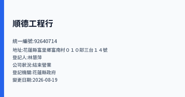 順德工程行的照片-統編 92640714(花蓮縣) 公司登記資料與營業項目詳細圖表
