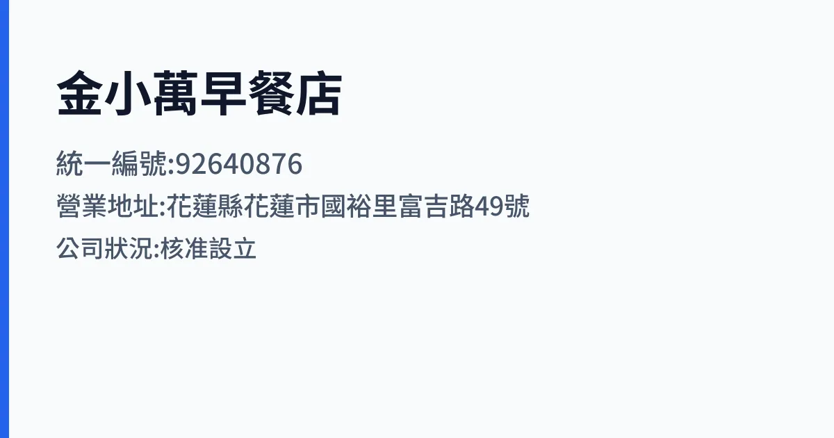 金小萬早餐店 - 統編 92640876(花蓮縣) 公司登記資料與營業項目詳細圖表