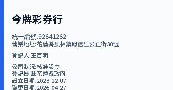 今牌彩券行的照片-統編 92641262(花蓮縣) 公司登記資料與營業項目詳細圖表