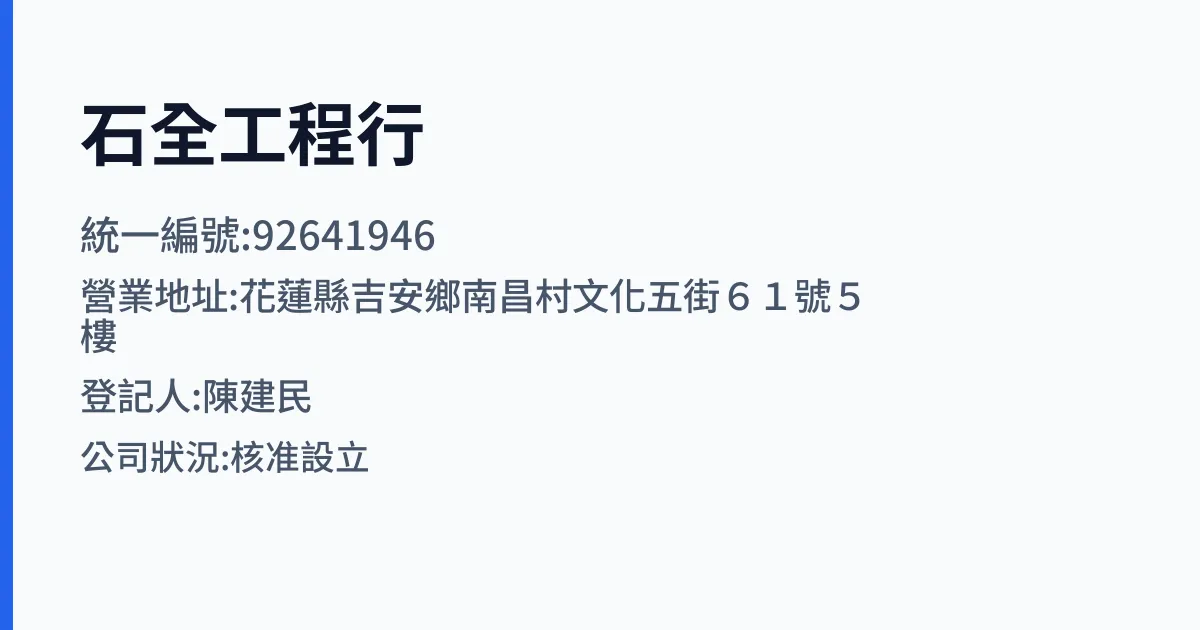 石全工程行 - 統編 92641946(花蓮縣) 公司登記資料與營業項目詳細圖表