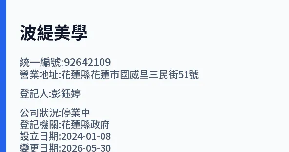 波緹美學的照片-統編 92642109(花蓮縣) 公司登記資料與營業項目詳細圖表