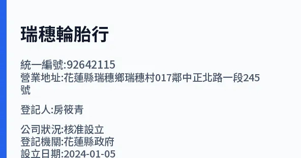 瑞穗輪胎行的照片-統編 92642115(花蓮縣) 公司登記資料與營業項目詳細圖表
