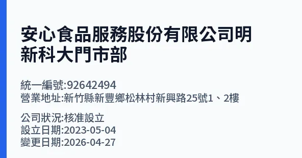 安心食品服務股份有限公司明新科大門市部的照片-統編 92642494(新竹縣) 公司登記資料與營業項目詳細圖表