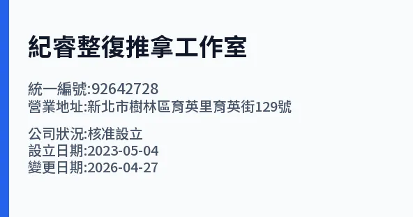 紀睿整復推拿工作室的照片-統編 92642728(新北市) 公司登記資料與營業項目詳細圖表