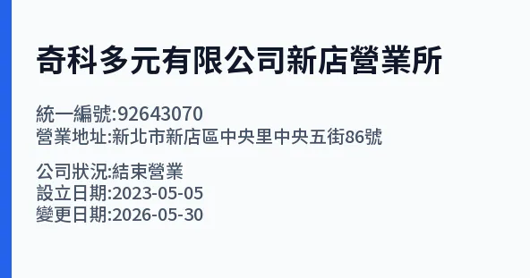 奇科多元有限公司新店營業所的照片-統編 92643070(新北市) 公司登記資料與營業項目詳細圖表