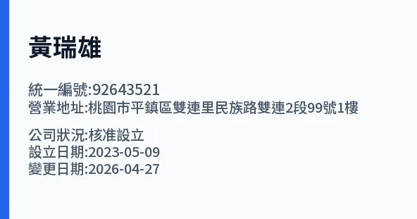黃瑞雄的照片-統編 92643521(桃園市) 公司登記資料與營業項目詳細圖表