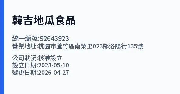 韓吉地瓜食品的照片-統編 92643923(桃園市) 公司登記資料與營業項目詳細圖表