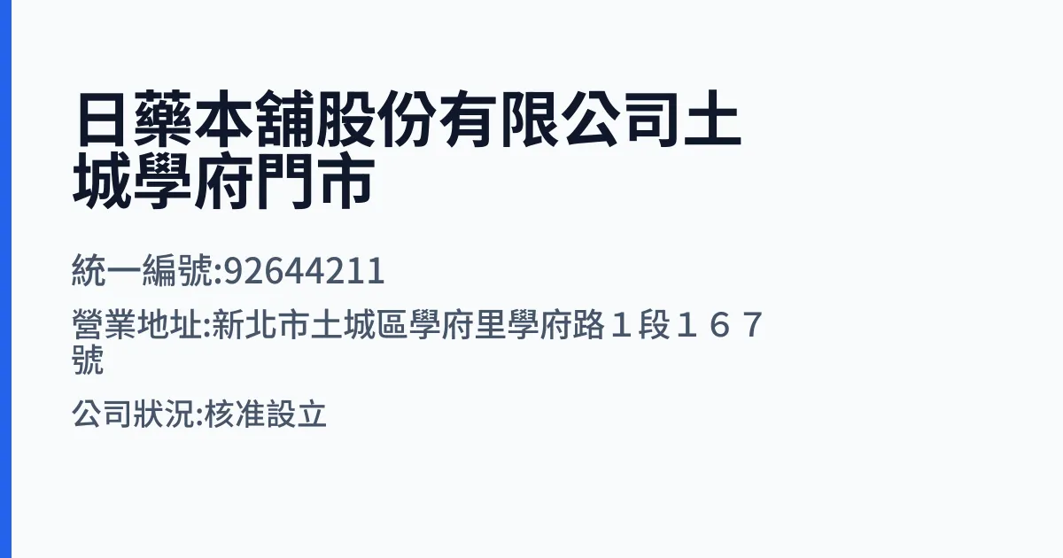 日藥本舖股份有限公司土城學府門市 - 統編 92644211(新北市) 公司登記資料與營業項目詳細圖表