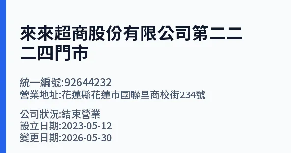 來來超商股份有限公司第二二二四門市的照片-統編 92644232(花蓮縣) 公司登記資料與營業項目詳細圖表