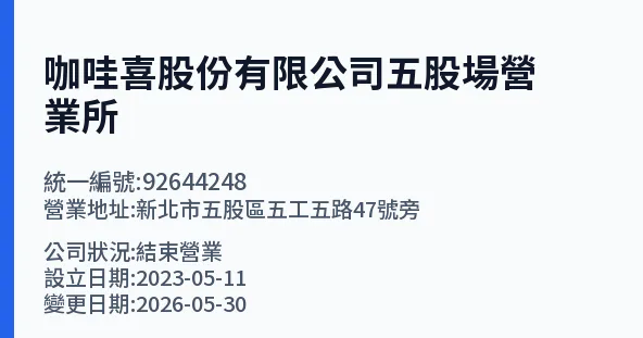 咖哇喜股份有限公司五股場營業所的照片-統編 92644248(新北市) 公司登記資料與營業項目詳細圖表