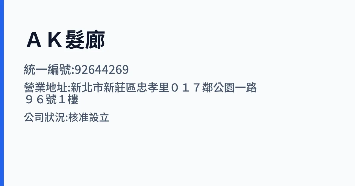AK髮廊 - 統編 92644269(新北市) 公司登記資料與營業項目詳細圖表