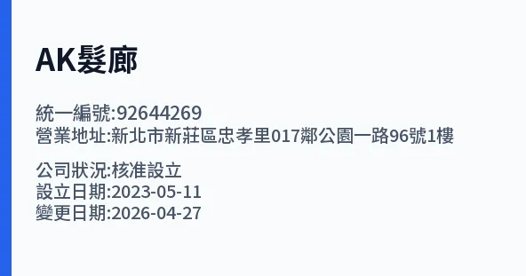 AK髮廊的照片-統編 92644269(新北市) 公司登記資料與營業項目詳細圖表