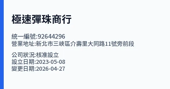 極速彈珠商行的照片-統編 92644296(新北市) 公司登記資料與營業項目詳細圖表