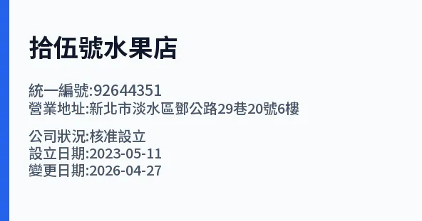 拾伍號水果店的照片-統編 92644351(新北市) 公司登記資料與營業項目詳細圖表