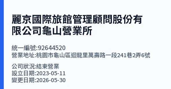 麗京國際旅館管理顧問股份有限公司龜山營業所的照片-統編 92644520(桃園市) 公司登記資料與營業項目詳細圖表