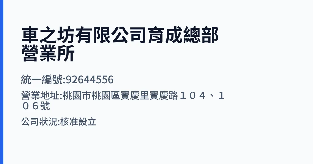 車之坊有限公司育成總部營業所 - 統編 92644556(桃園市) 公司登記資料與營業項目詳細圖表